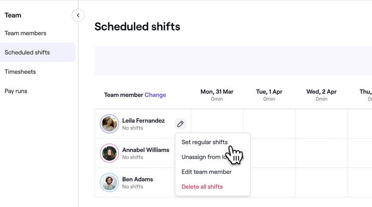 Manage scheduled shifts for team members
